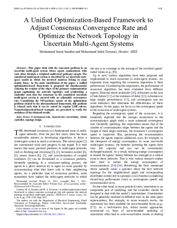 (PDF) A Unified Optimization-Based Framework to Adjust Consensus Convergence Rate and Optimize ...
