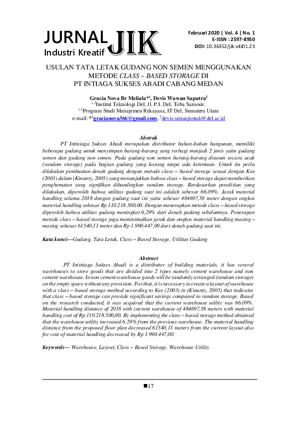 (PDF) PERANCANGAN TATA LETAK GUDANG PENYIMPANAN MATERIAL DI GUDANG "K ...