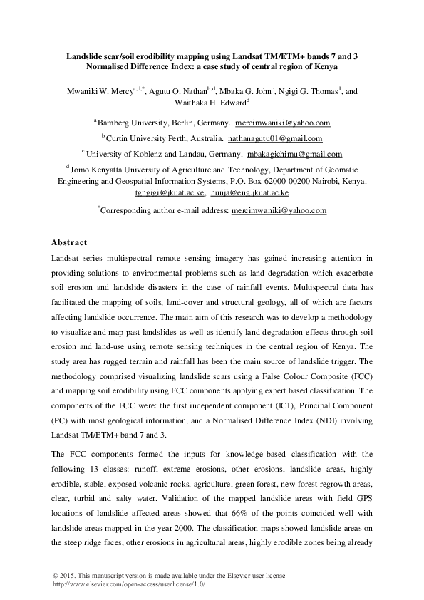 (PDF) Landslide scar/soil erodibility mapping using Landsat TM/ETM+ bands 7 and 3 Normalised ...