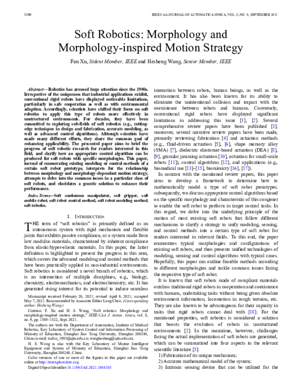 (PDF) Soft Robotics: Morphology and Morphology-inspired Motion Strategy