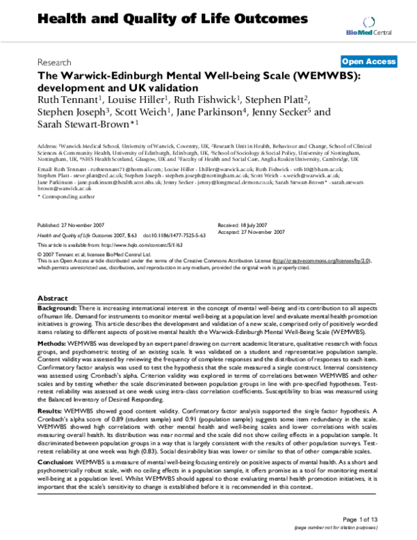 (PDF) The Warwick-Edinburgh Mental Well-being Scale (WEMWBS ...