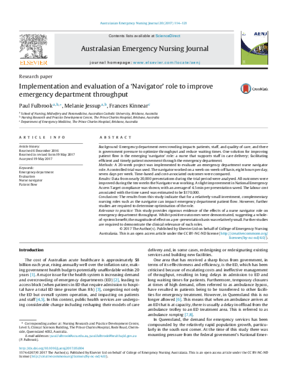 (PDF) Implementation and evaluation of a 'Navigator' role to improve emergency department throughput