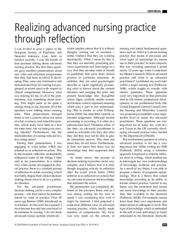 (PDF) Realizing advanced nursing practice through reflection
