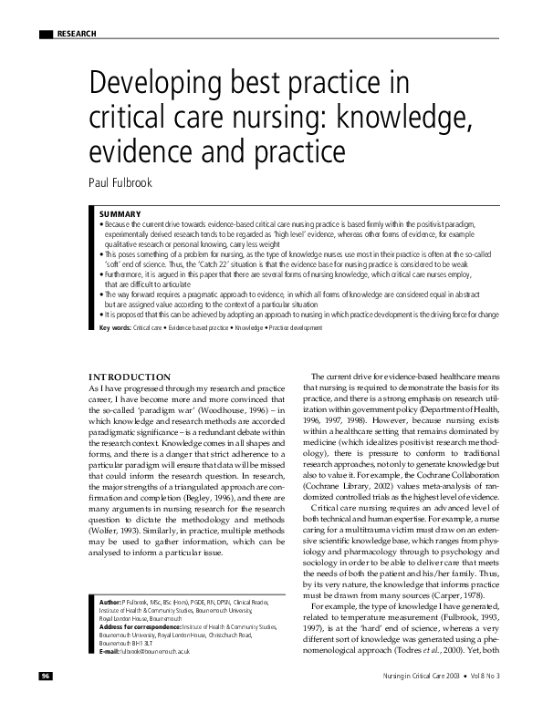 (PDF) Developing best practice in critical care nursing: knowledge ...