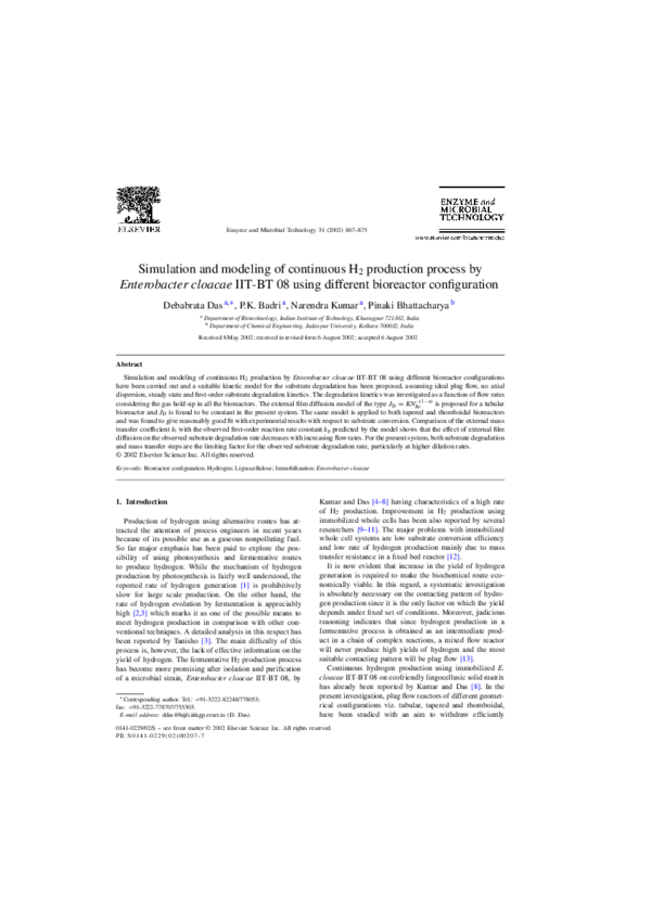 Pdf Simulation And Modeling Of Continuous H2 Production Process By Enterobacter Cloacae Iit Bt