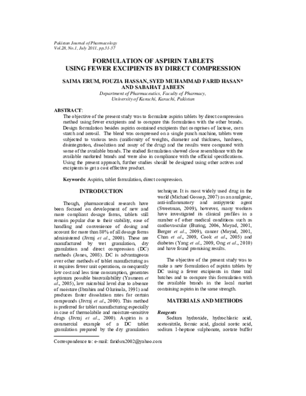 (PDF) Formulation of Aspirin Tablets using fewer excipients by Direct Compression