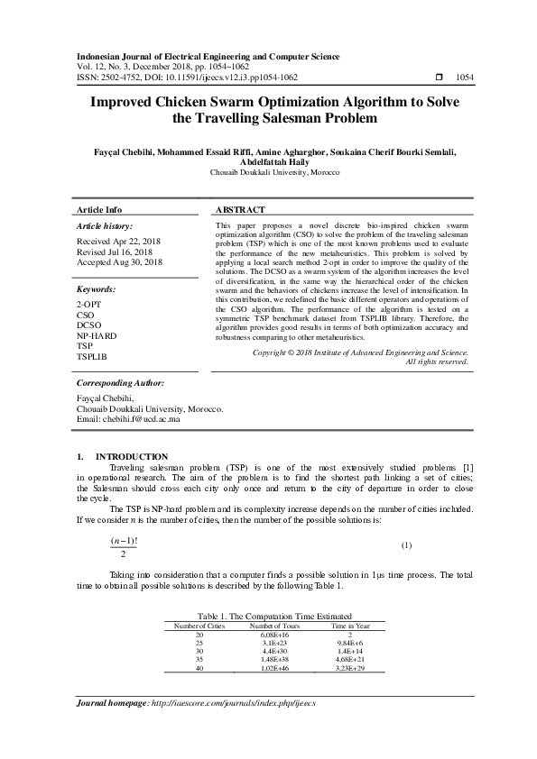 Pdf Improved Chicken Swarm Optimization Algorithm To Solve The Travelling Salesman Problem