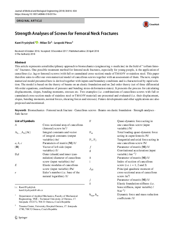(PDF) Strength Analyses of Screws for Femoral Neck Fractures