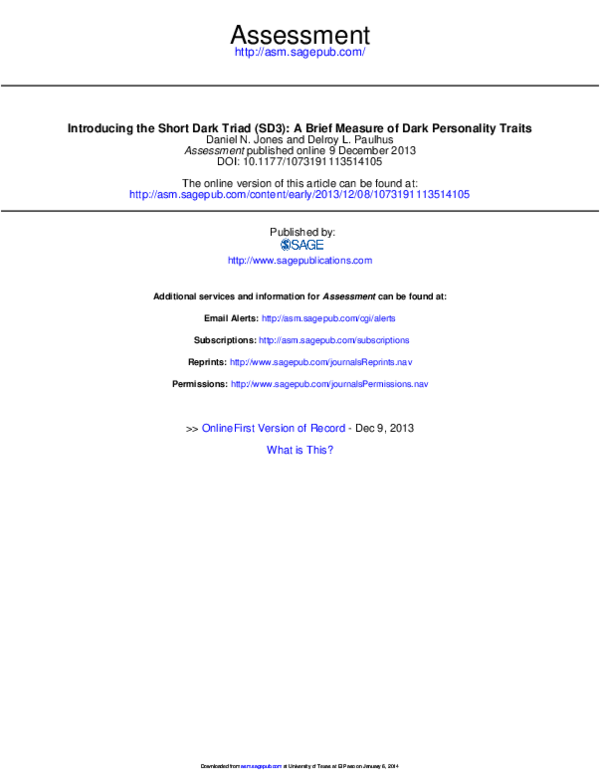 (PDF) Introducing the Short Dark Triad (SD3): A Brief Measure of Dark ...
