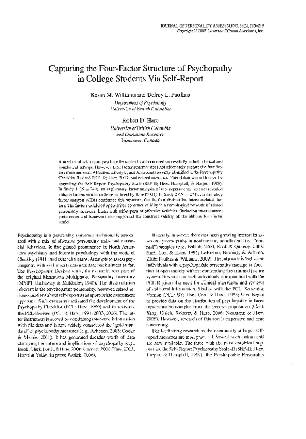 (PDF) Capturing the Four-Factor Structure of Psychopathy in College ...