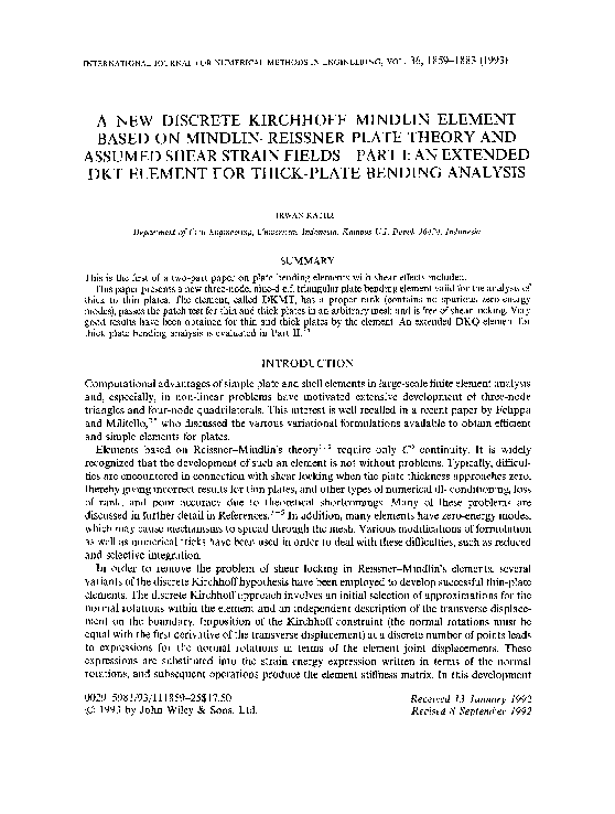 (PDF) A new discrete Kirchhoff‐Mindlin element based on Mindlin‐Reissner plate theory and ...