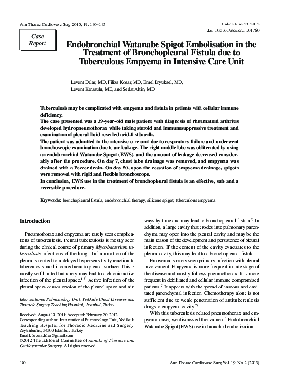 (PDF) Endobronchial Watanabe Spigot Embolisation in the Treatment of ...