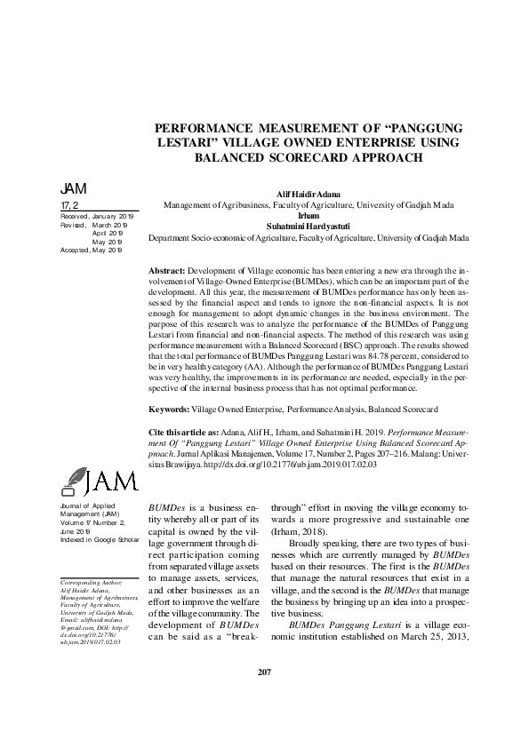 (PDF) Performance Measurement of “Panggung Lestari” Village Owned Enterprise Using Balanced ...