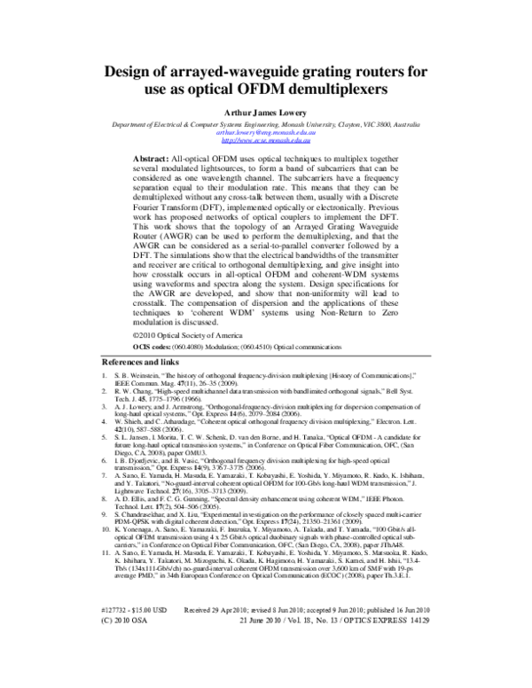 (PDF) Design of arrayed-waveguide grating routers for use as optical OFDM demultiplexers