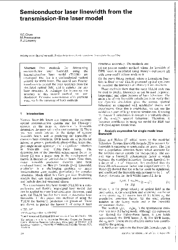 (PDF) Semiconductor laser linewidth from the transmission-line laser model