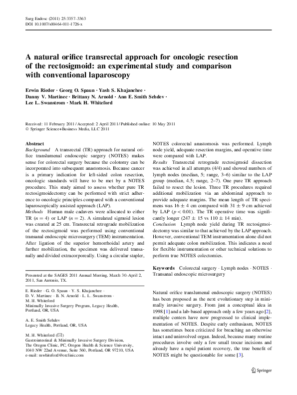 (PDF) A natural orifice transrectal approach for oncologic resection of ...