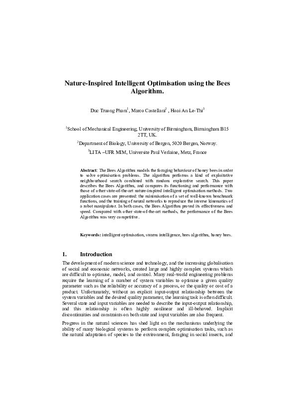 (PDF) Nature-Inspired Intelligent Optimisation using the Bees Algorithm (PDF) Nature-Inspired Intelligent Optimisation using the Bees Algorithm