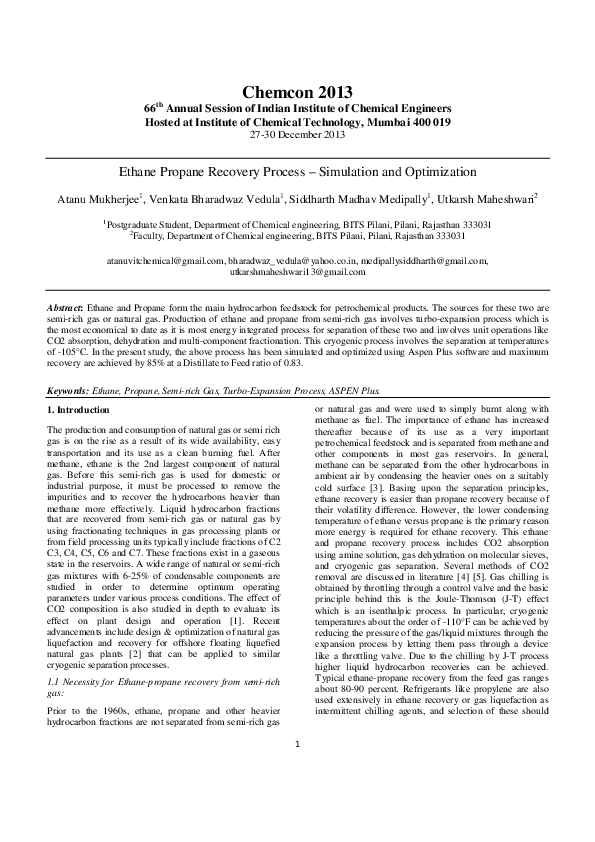 (PDF) Ethane Propane Recovery Process – Simulation and Optimization