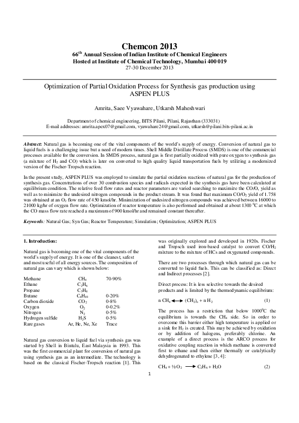 (PDF) Optimization of Partial Oxidation Process for Synthesis gas ...