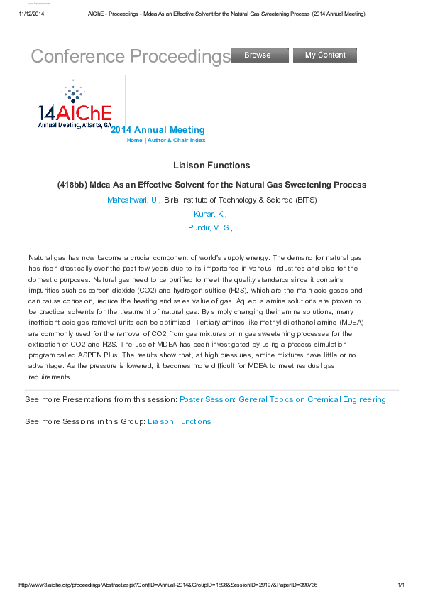 (PDF) MDEA as an Effective Solvent for the Natural Gas Sweetening Process