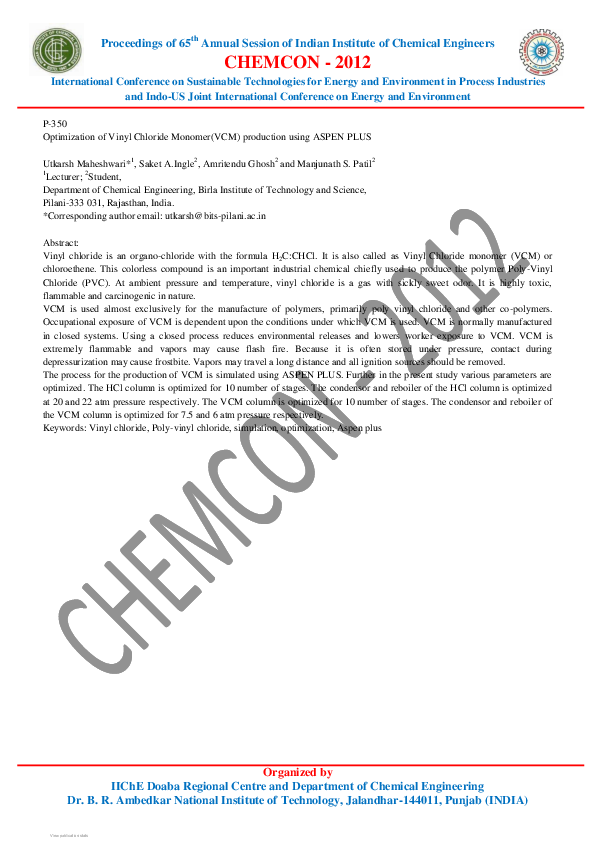 (PDF) Optimization of Vinyl Chloride Monomer(VCM) production using ...
