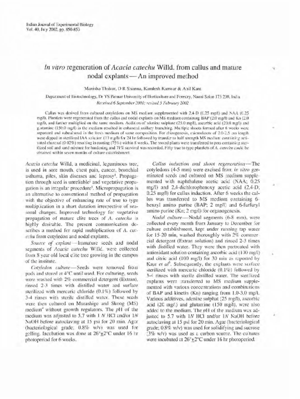 (PDF) In vitro regeneration of Acacia catechu Willd. from callus and mature nodal explants--an ...