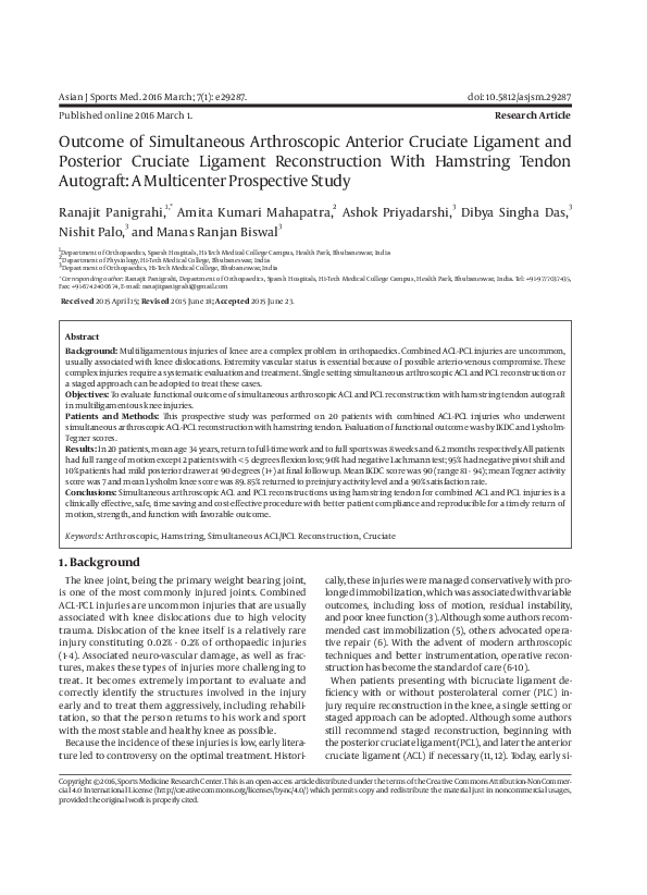(PDF) Outcome of Simultaneous Arthroscopic Anterior Cruciate Ligament ...