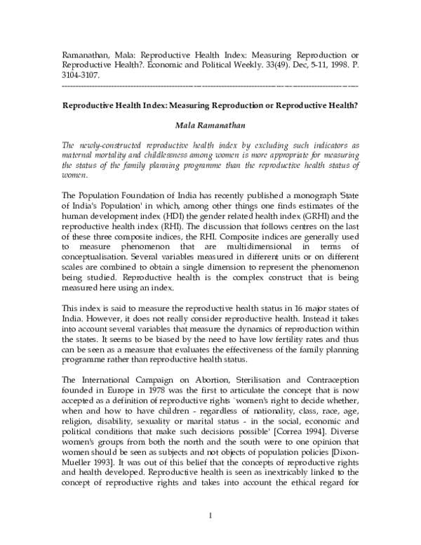(PDF) Reproductive Health Index: Measuring Reproduction or Reproductive ...