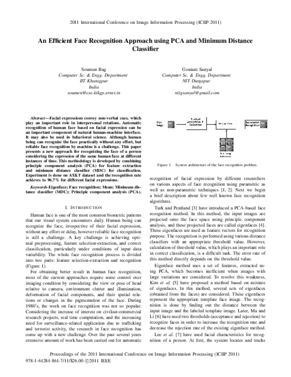 Pdf An Efficient Face Recognition Approach Using Pca And Minimum Distance Classifier Goutam