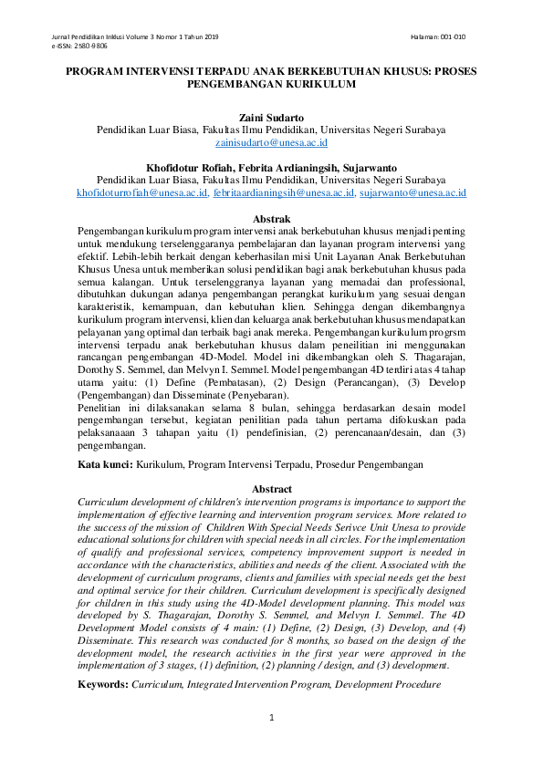 (PDF) Program Intervensi Terpadu Anak Berkebutuhan Khusus: Proses Pengembangan Kurikulum