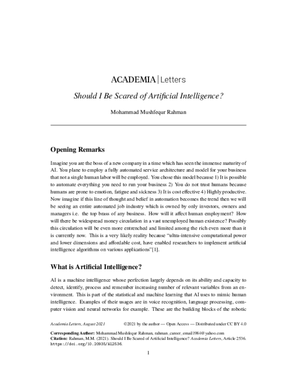 (PDF) Should I Be Scared of Artificial Intelligence?