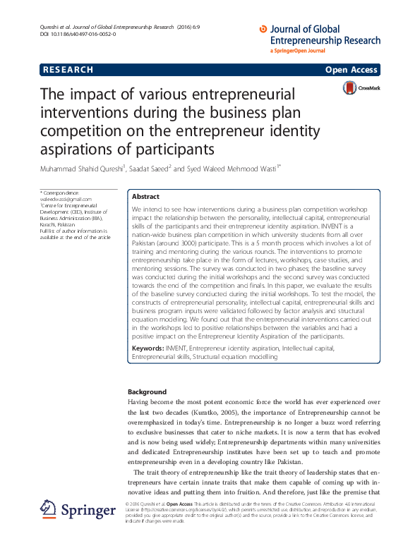 (PDF) The impact of various entrepreneurial interventions during the ...