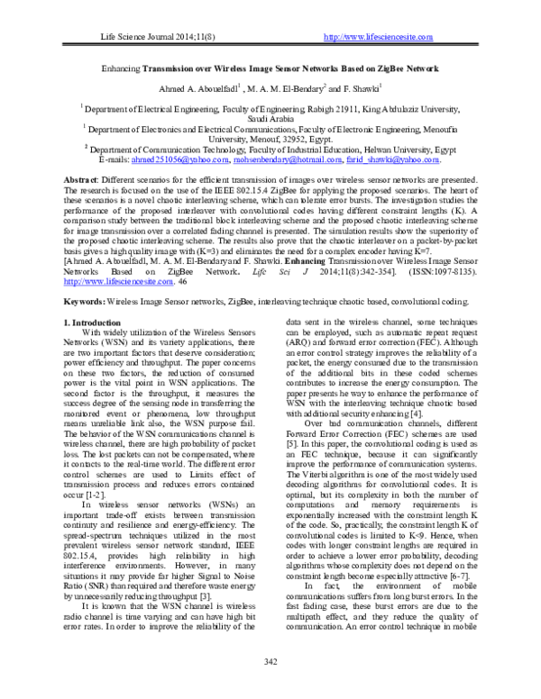 (PDF) Enhancing Transmission over Wireless Image Sensor Networks Based on ZigBee Network | Ahmed ...