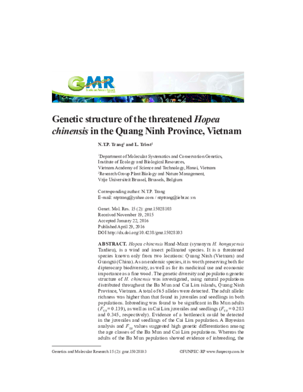 (PDF) Genetic structure of the threatened Hopea chinensis in the Quang ...