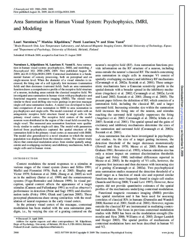 (PDF) Area summation in human visual system: Psychophysics, fMRI, and ...