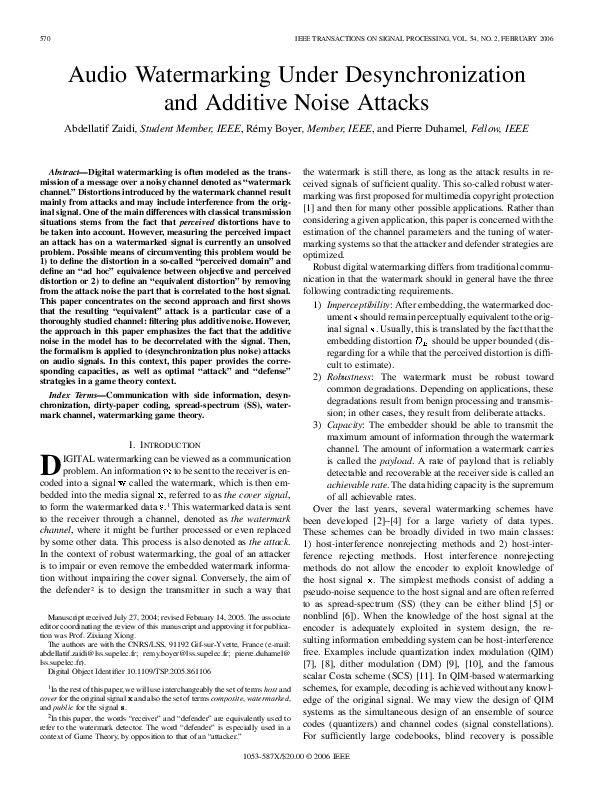 (PDF) Audio watermarking under desynchronization and additive noise ...