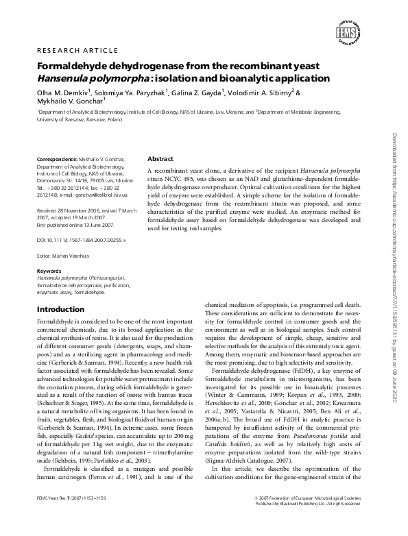 (PDF) Formaldehyde dehydrogenase from the recombinant yeast Hansenula ...