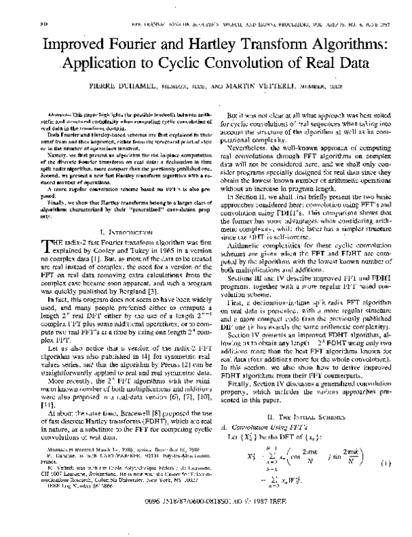 Pdf Improved Fourier And Hartley Transform Algorithms Application To Cyclic Convolution Of