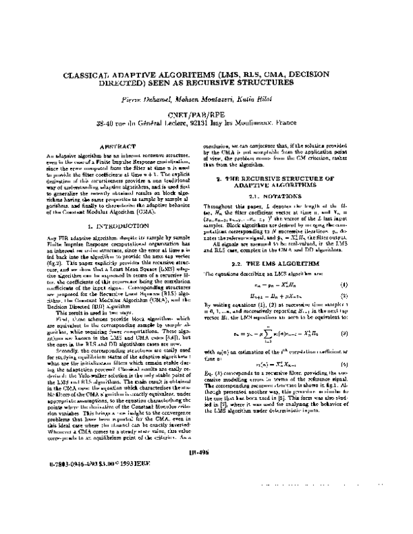 Pdf Classical Adaptive Algorithms Lms Rls Cma Decision Directed Seen As Recursive
