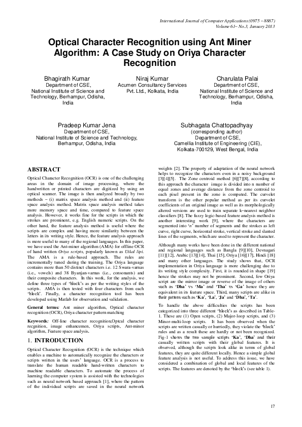 (PDF) Optical Character Recognition using Ant Miner Algorithm: A Case Study on Oriya Character ...
