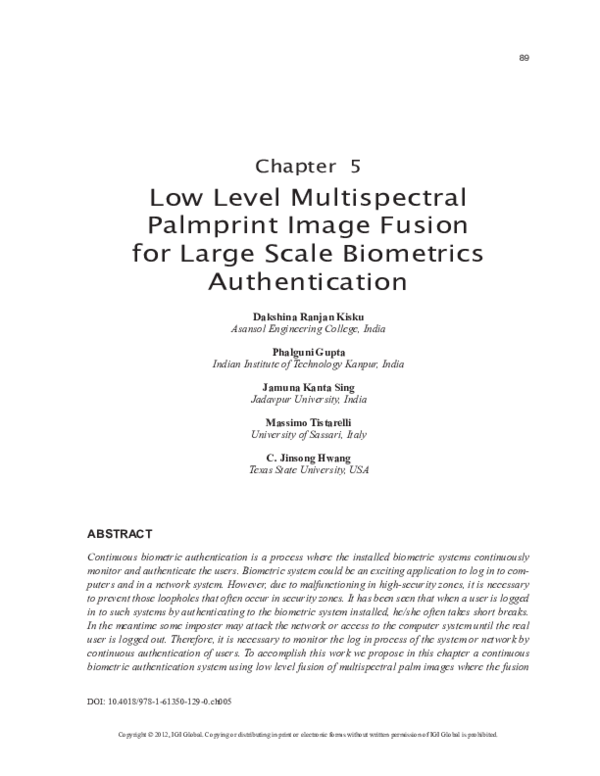 Pdf Low Level Multispectral Palmprint Image Fusion For Large Scale Biometrics Authentication