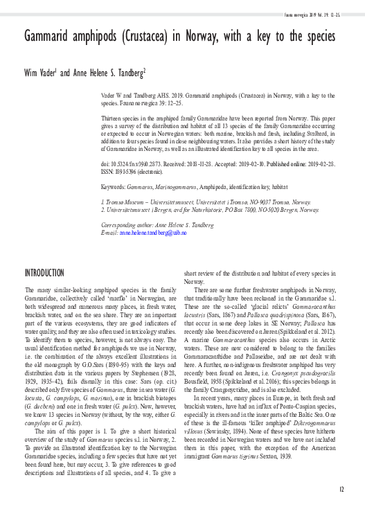 (PDF) Gammarid amphipods (Crustacea) in Norway, with a key to the species