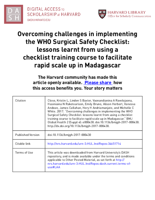 (PDF) Overcoming challenges in implementing the WHO Surgical Safety ...