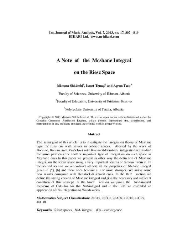 (PDF) A note of the McShane integral on the Riesz space