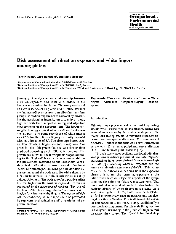 (PDF) Risk assessment of vibration exposure and white fingers among platers