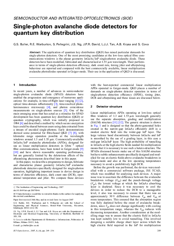 (PDF) Single-photon avalanche diode detectors for quantum key distribution