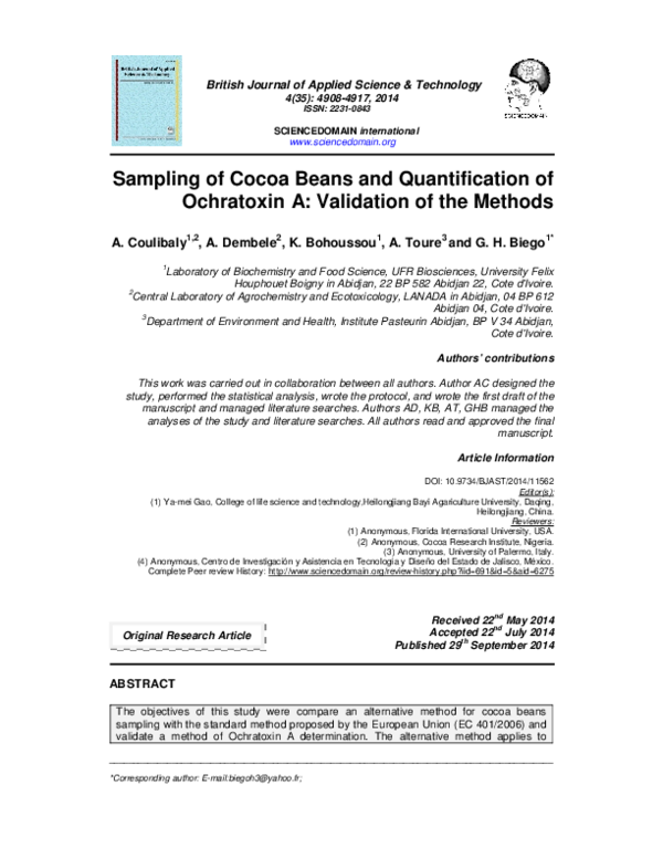 (PDF) Sampling of Cocoa Beans and Quantification of Ochratoxin A: Validation of the Methods