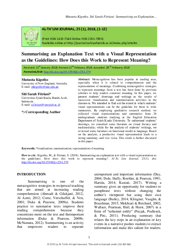 (PDF) Summarising an Explanation Text with a Visual Representation as ...