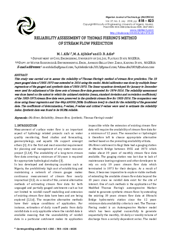 (PDF) Reliability assessment of Thomas Fiering's method of stream flow ...