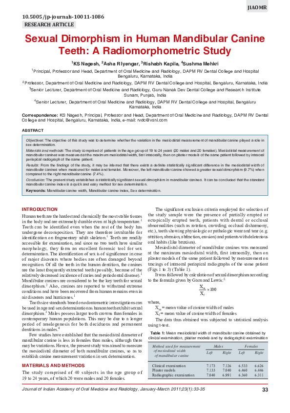 (PDF) Sexual Dimorphism in Human Mandibular Canine Teeth: A ...